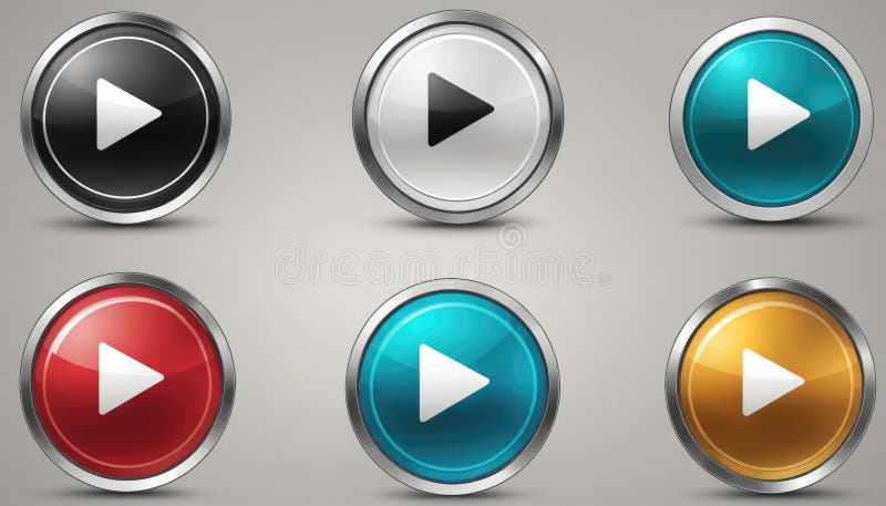 Six Play Buttons in Different Colors with a Silver Border are Arranged ...