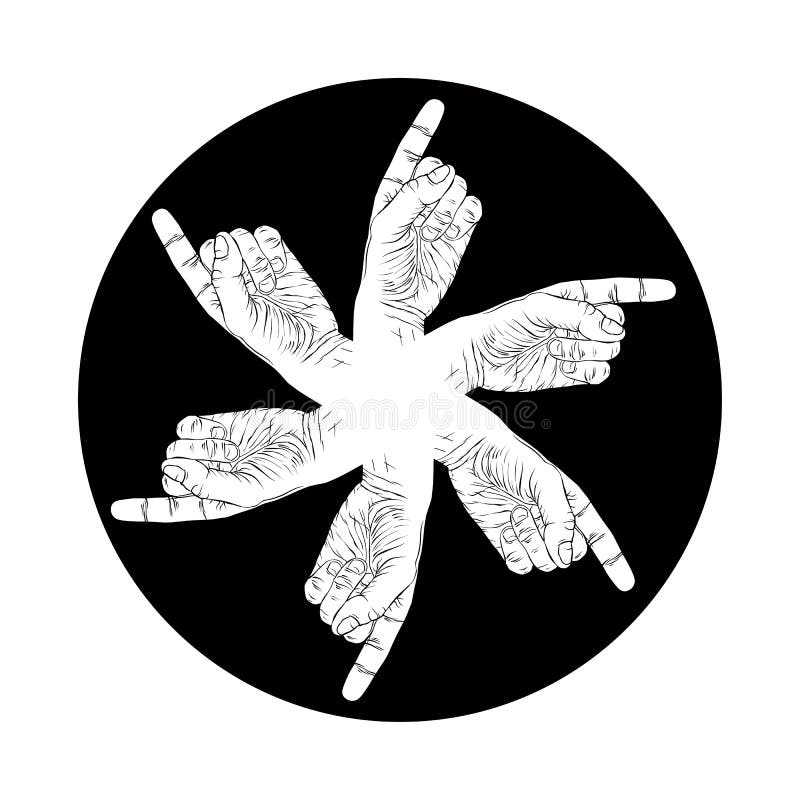 Six Pointing Hands Abstract Symbol, Black and White Vector Special ...