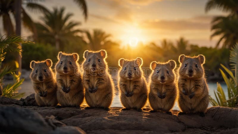 Adorable Quokka Family at Sunset: Five Happy Quokkas Posing on Rocks ...