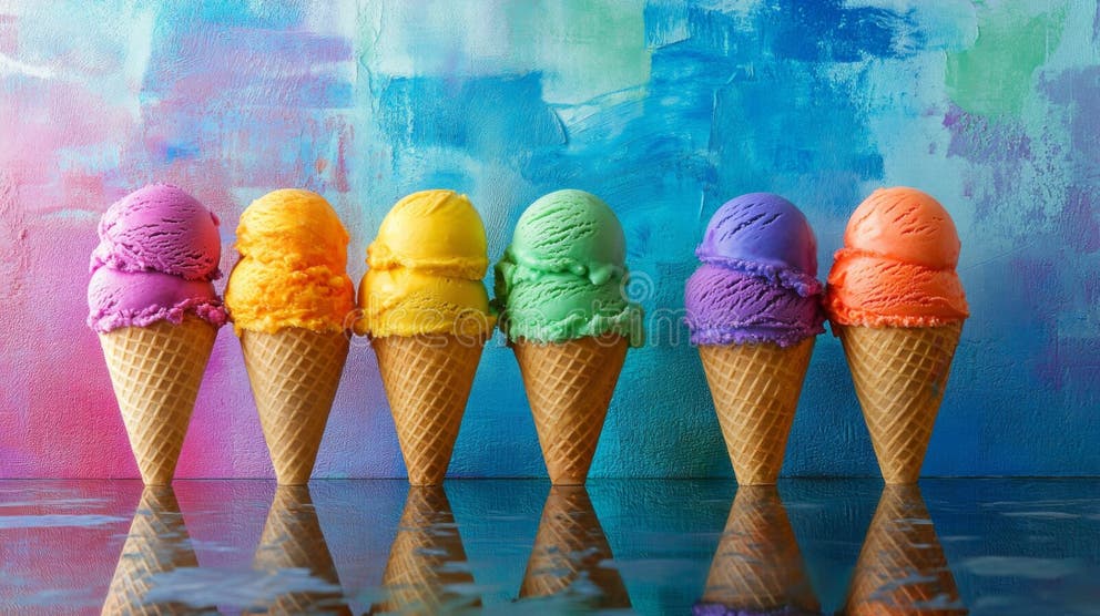 Six Rainbow-Colored Ice Cream Scoops in Cones Stock Illustration ...