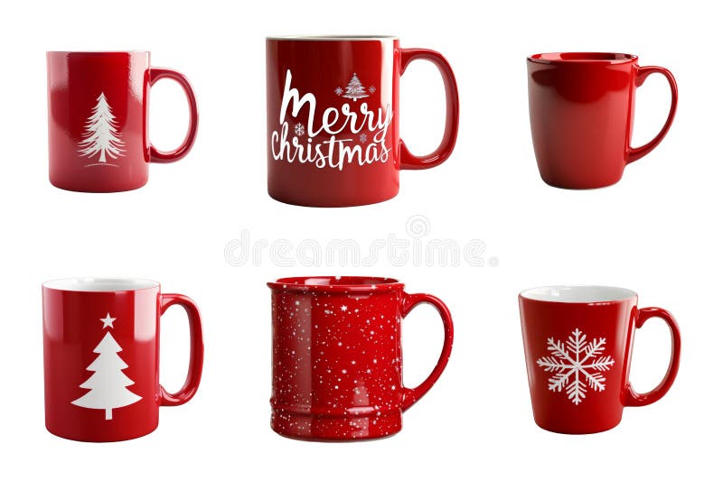 Six Red Christmas Mugs with Different Designs Stock Photo ...