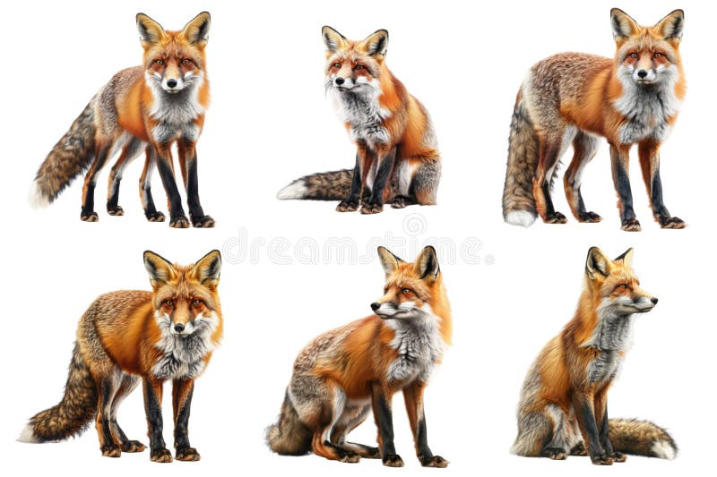 Six Red Foxes in Various Poses and Expressions Stock Illustration ...
