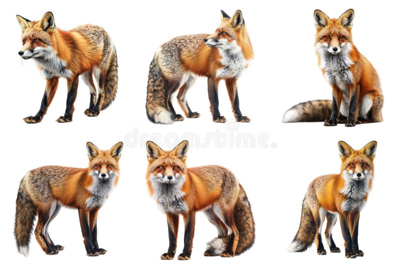 Six Red Foxes in Various Poses on White Background Stock Illustration ...