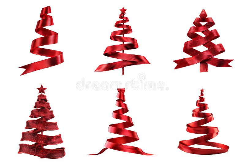 Six Red Ribbon Christmas Trees on Transparent Background Stock ...