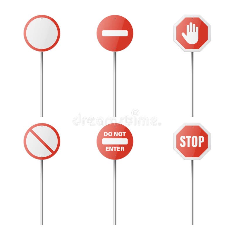 Six Red Road Signs, Various Shapes, Including Stop and Warning. Vector ...