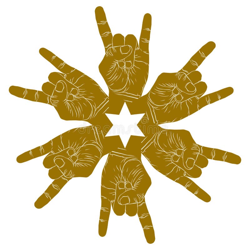 Six Rock Hands Abstract Symbol with Hexagonal Star, Single Color Stock ...