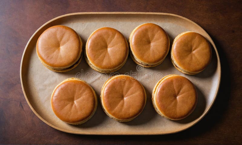 Six Round, Brown Pastries Sit on a Tan Plate Stock Image - Image of ...