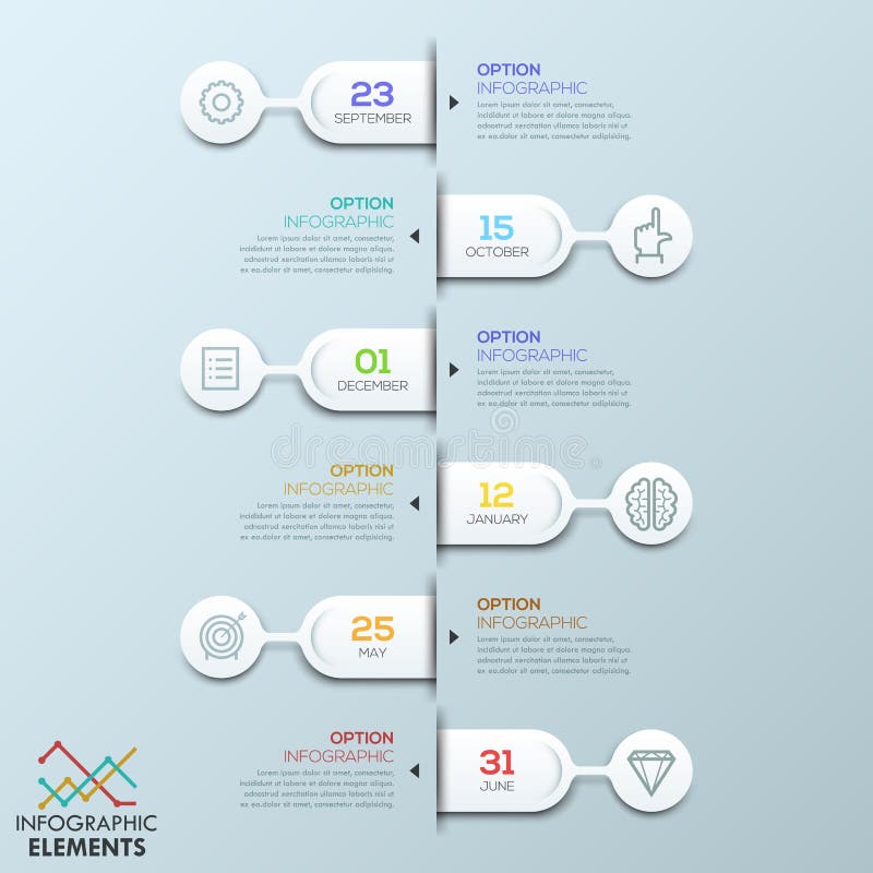 Six Rounded Elements Connected with Text Boxes and Pictograms ...