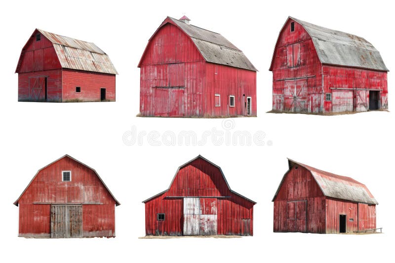 Six Rustic Red Barns with Weathered Wood and Grey Roofs Stock Image ...