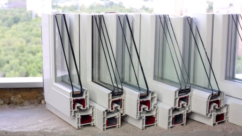 Six Samples of PVC Windows Stand on a Concrete Stock Footage - Video of ...