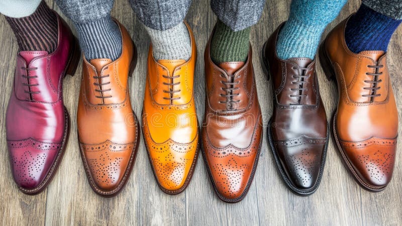 Six Shoes for Men, Differing in Style and Color, are Lined Up in a Row ...
