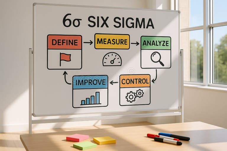 Six Sigma DMAIC Workflow Explained on Whiteboard with Colored Boxes and ...