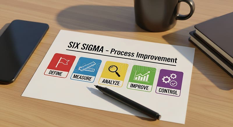 Six Sigma Process Improvement Diagram with Office Items Define Measure ...