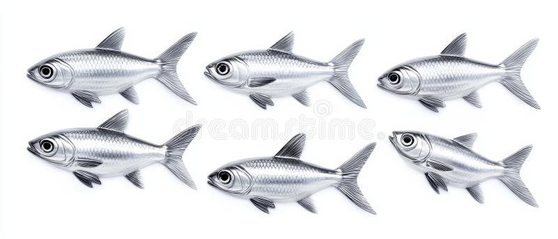 Six Silver Fish School Composition, Minimalist, Metal Texture,White ...