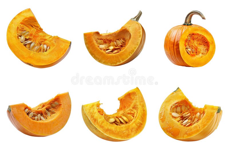 Six Slices of Pumpkin with Seeds and Rinds Visible Stock Photo ...
