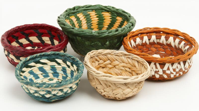 Six Small Handcrafted Woven Baskets in Diverse Colors and Patterns ...