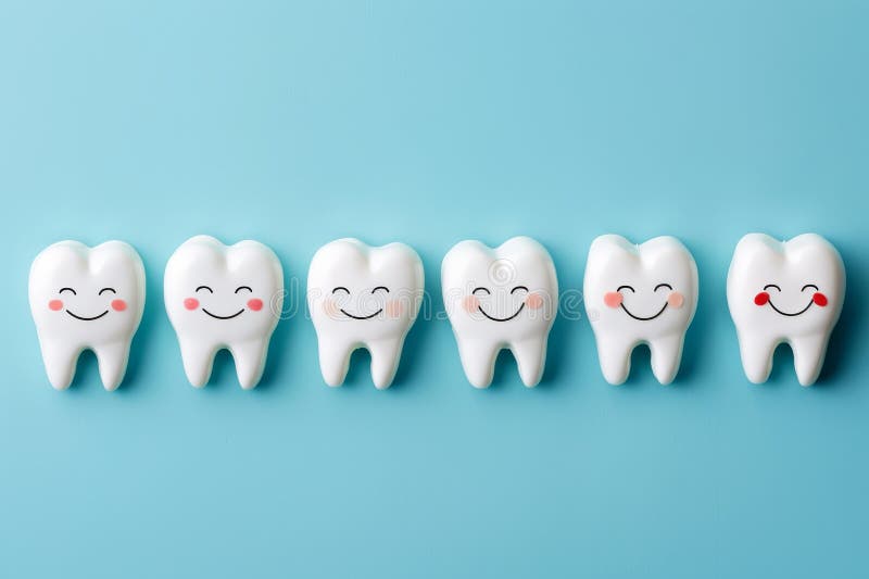 Six Smiling Teeth on a Blue Background. Stock Image - Image of adorable ...