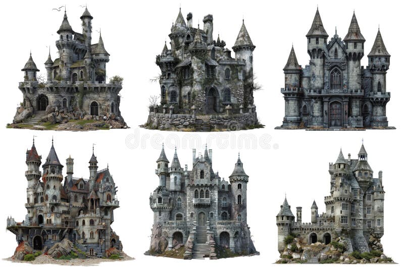 Six Stone Castles with Weathered Facades and Towers Stock Illustration ...