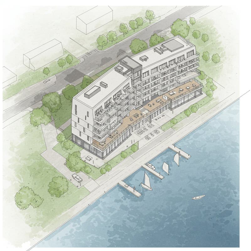 Six-story Waterside Building Featuring Modern Architecture with ...