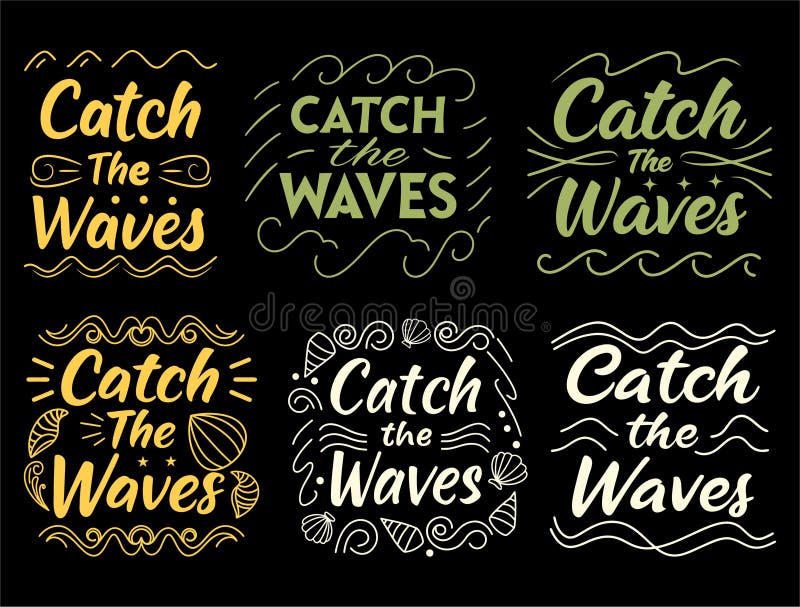 Six Stylish Catch the Waves Summer Ocean Designs Stock Illustration ...