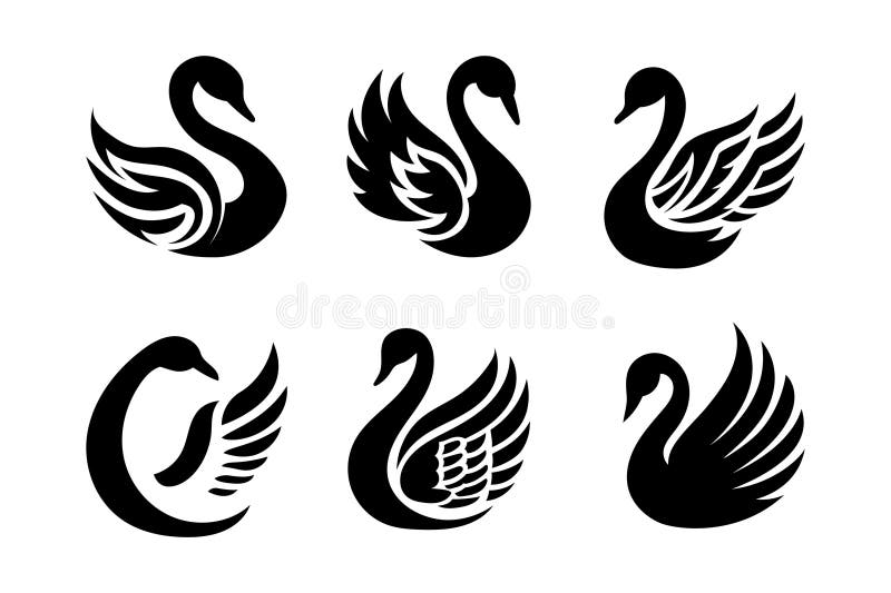 Six Stylized Black Swan Silhouettes with Wings Stock Vector ...