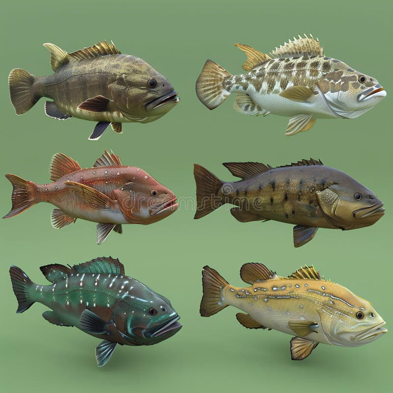 Six Stylized Fish Models, Each with Unique Colors and Patterns, are ...