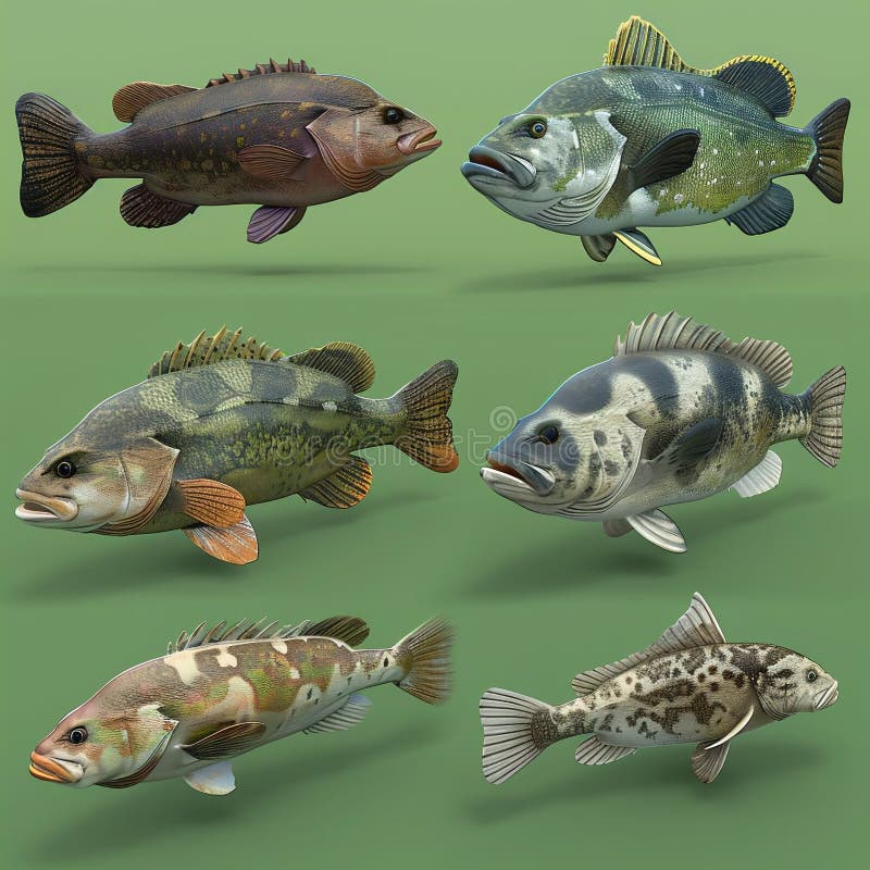 Six Stylized Fish Models, Each with Unique Patterns and Coloration, are ...