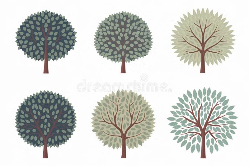 Six Stylized Round Trees Green Leaf Nature Illustration Botanical ...