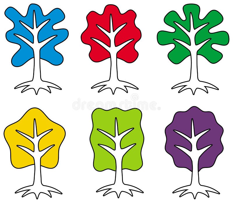 Six Stylized Trees in Different Colors. Symbols of Ecology, Growth ...
