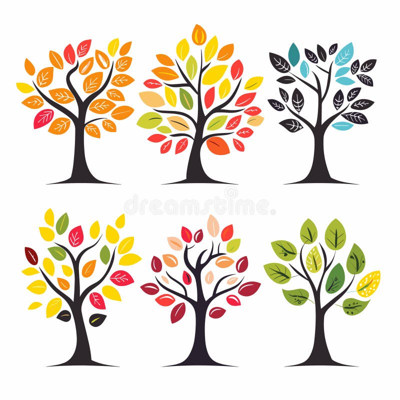 Six Stylized Trees Showcasing Different Color Leaves, Representing ...