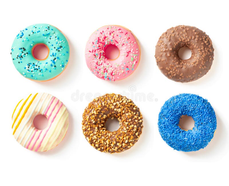 Six Sweet Donuts of Different Colors in a Top View Stock Illustration ...