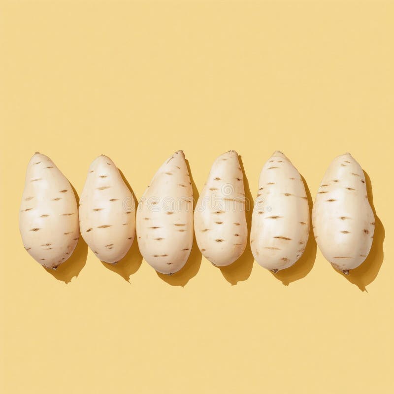 Six Symmetrical White Potatoes on Bright Yellow Background Displayed in ...