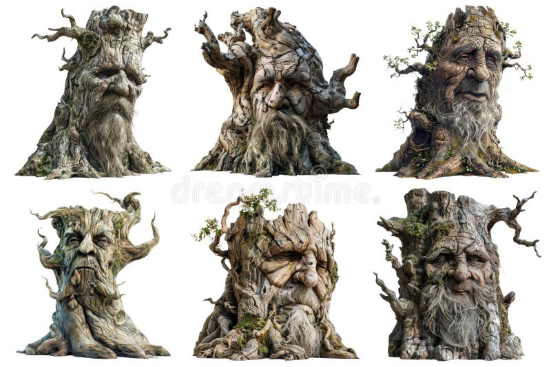 Six Tree Sculptures with Human-Like Faces Stock Illustration ...