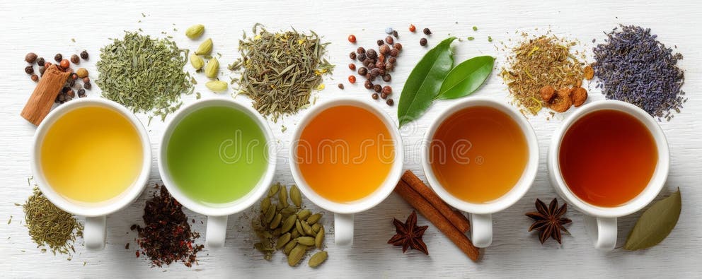 Six Unique Types of Tea are Arranged in White Ceramic Cups ...