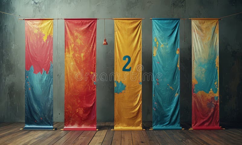 Six Vertical Banners with Vibrant Colors and Designs Hang on Gray Wall ...