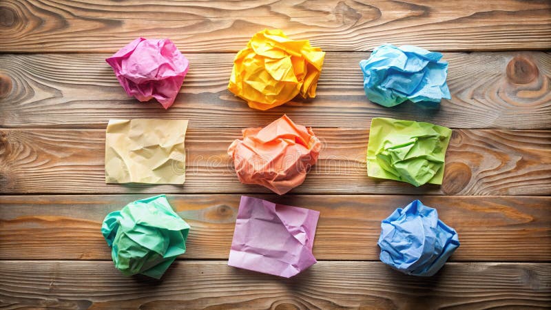 Six Vibrant Crumpled Note Papers on a Rustic Wooden Surface a Versatile ...
