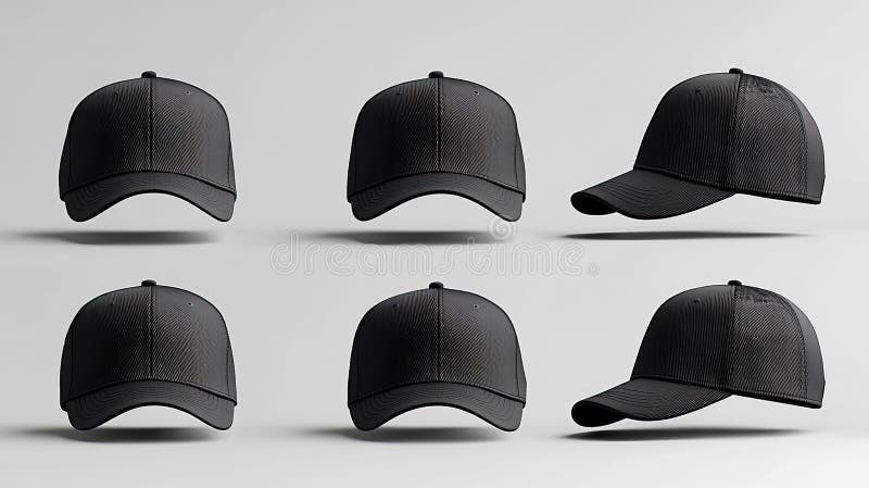 Six Views of a Black Baseball Cap, Front, Side, and Three-quarter ...