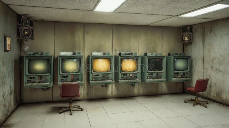 Vintage Nuclear Bunker Control Room with Retro Computers and Office ...