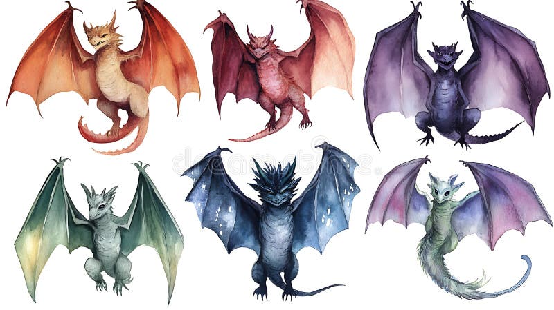 Six Watercolor Fantasy Dragons with Wings Spread Stock Illustration ...