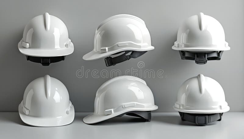 Six White Safety Helmets Displayed from Multiple Angles Including Front ...