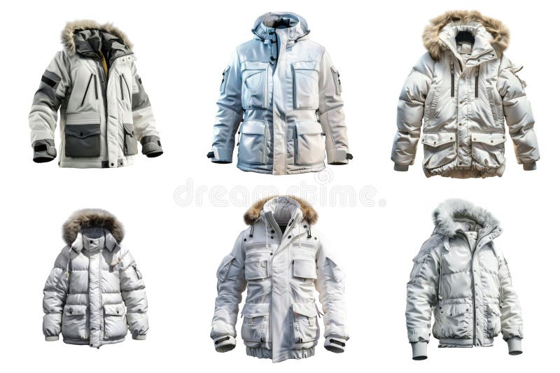 Six White Winter Jackets with Fur Hoods and Pockets Stock Photo ...