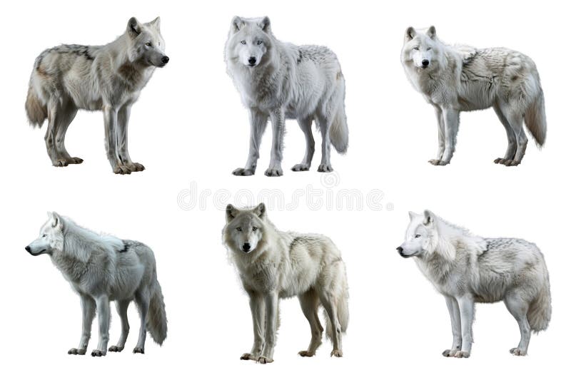 Six White Wolves Posing in Different Configurations Against a ...