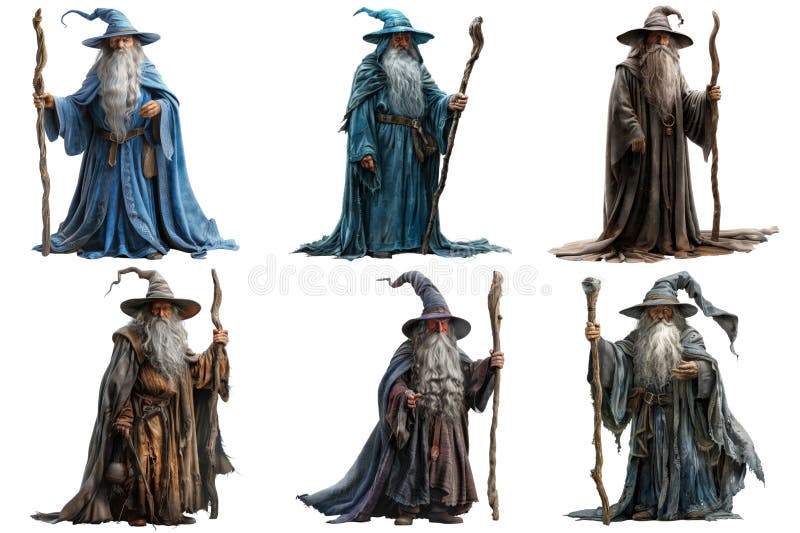 Six Wizards in Posed Standings, Each Holding a Staff Stock Photo ...