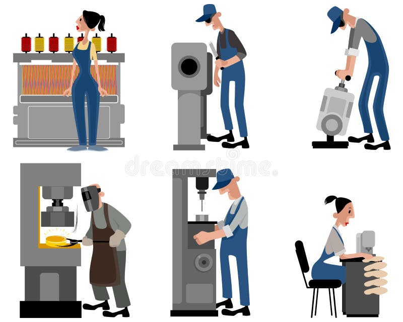 Six workers with machines stock vector. Illustration of cartoon - 78547455