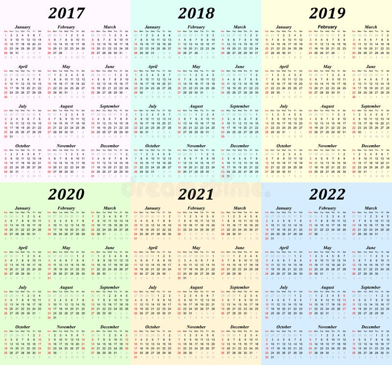 Six Year Calendar - 2017, 2018, 2019, 2020, 2021 and 2022 Stock Vector ...
