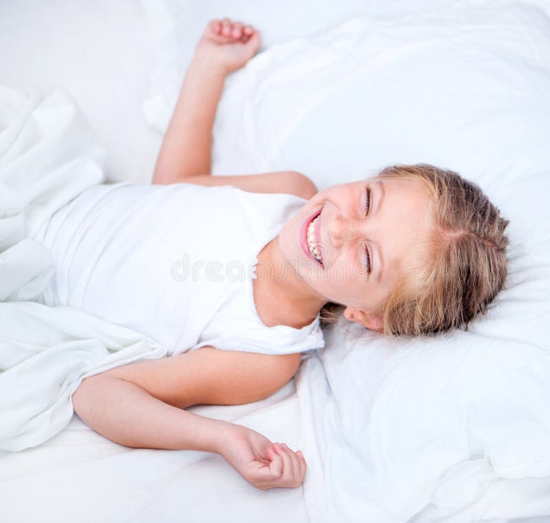 Six Year Old Girl in a White Bed Stock Photo - Image of comfort ...