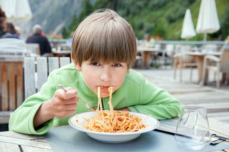 A Six Years Boy is Eating Pasta Stock Image - Image of europe, italian ...