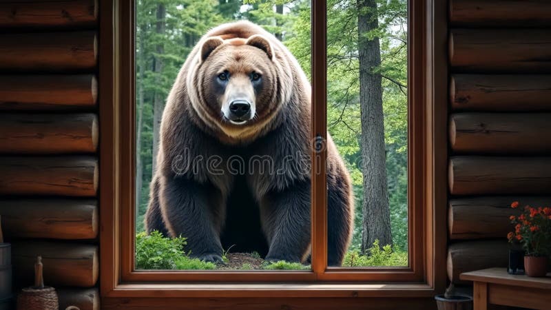 Large Bear Approaches Cabin Window in Serene Forest Setting with Lush ...