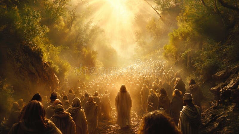 Large Group of People Walking through a Forest. Generative AI. Stock ...