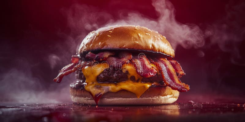 Sizzling Bacon Cheeseburger with Cheddar on Burgundy Background Stock ...